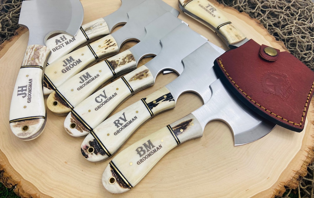Set of 8 Groomsmen Gift Ideas Bone Handle Engraved Mini Hatchets / Axes ...