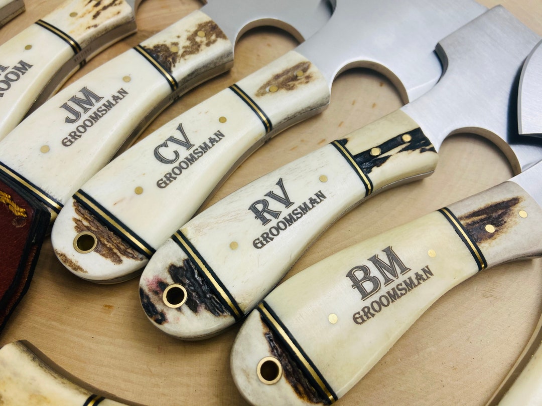 Engraved Mini Hatchet Set: Bone Handle, Leather Sheath Groomsmen Gifts ...