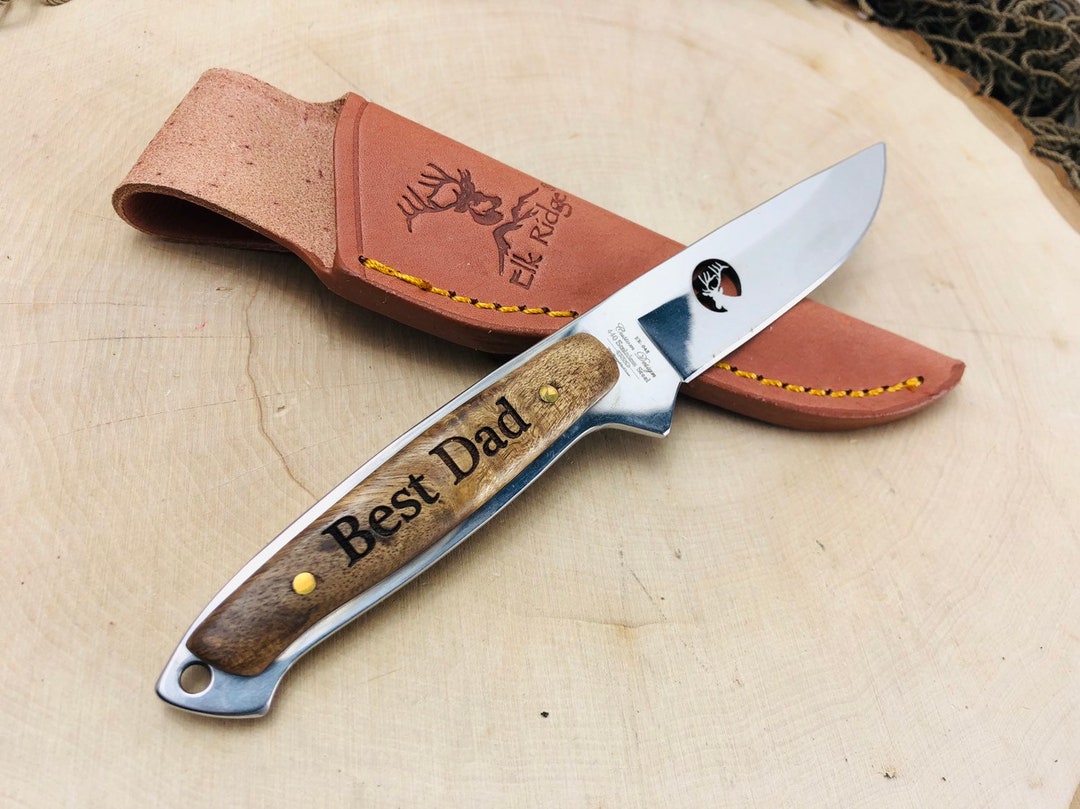 Engraved Elk Ridge Knife, Burl Wood Handle, Leather Sheath ...