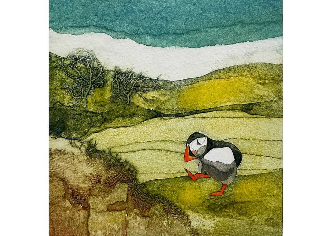 Collagraph Print: Puffin Walk - Etsy