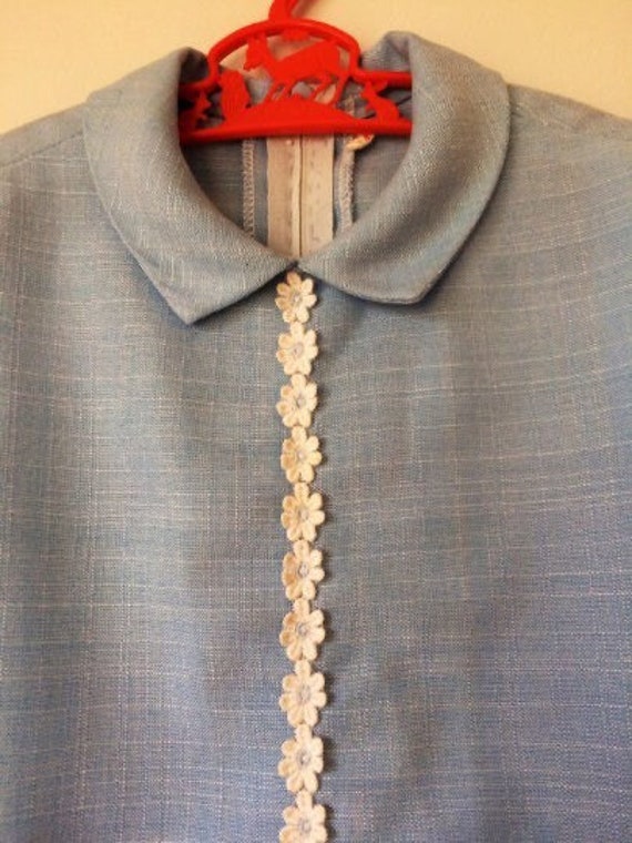 Girls blue dress, 1960s, white flowers, sleeveless - Gem