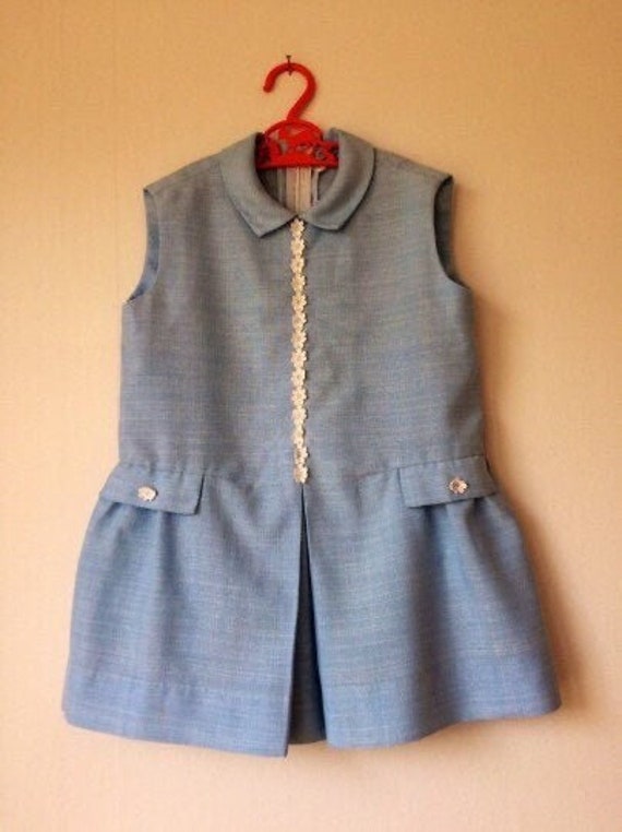 Girls blue dress, 1960s, white flowers, sleeveless - Gem