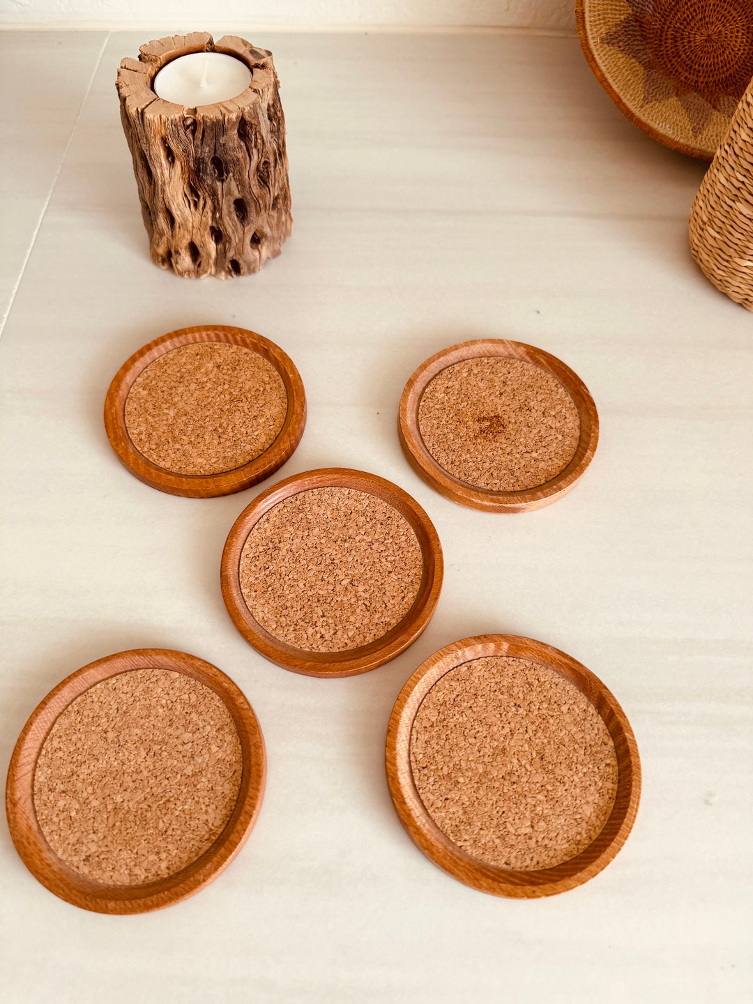 Vintage Wood / Cork Coasters, Set of Five, Midcentury - Etsy