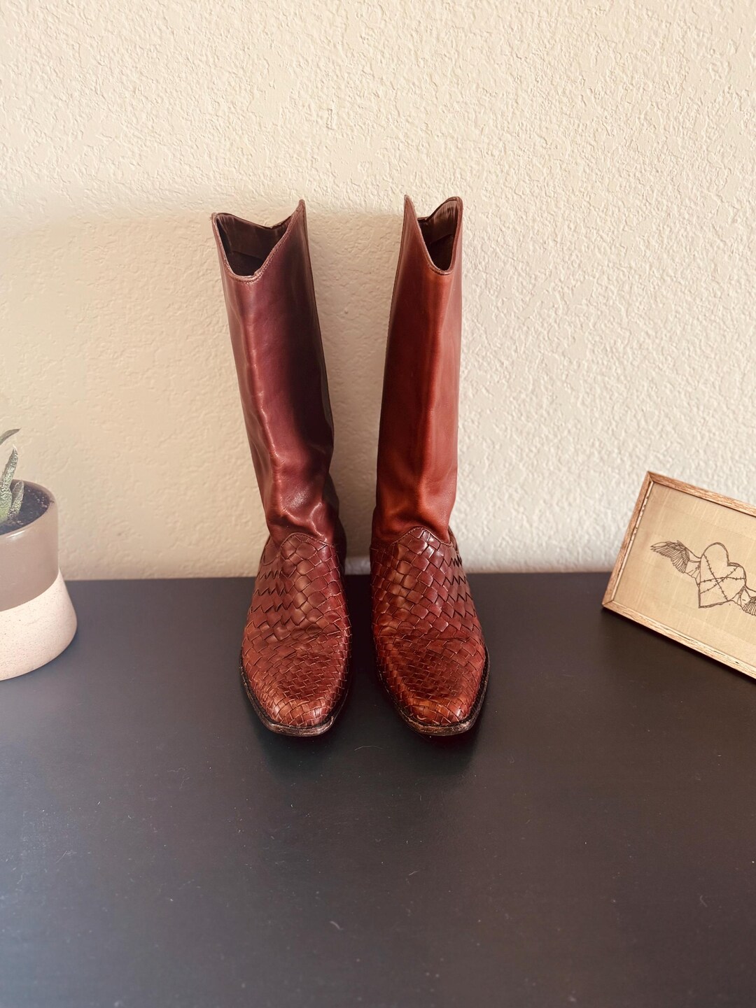 Vintage Leather Boots, Woven, Boho, Brazil - Etsy