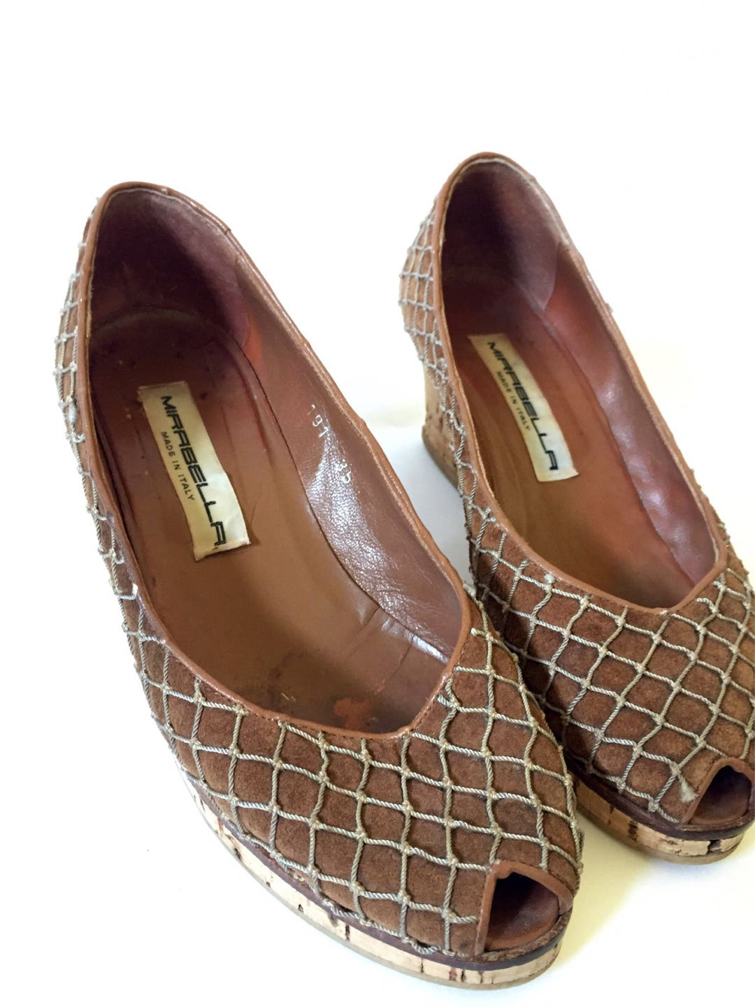 Ladies Vintage Shoes, Brown Suede Leather, Peep Toe, Wedges, Cork Soles ...