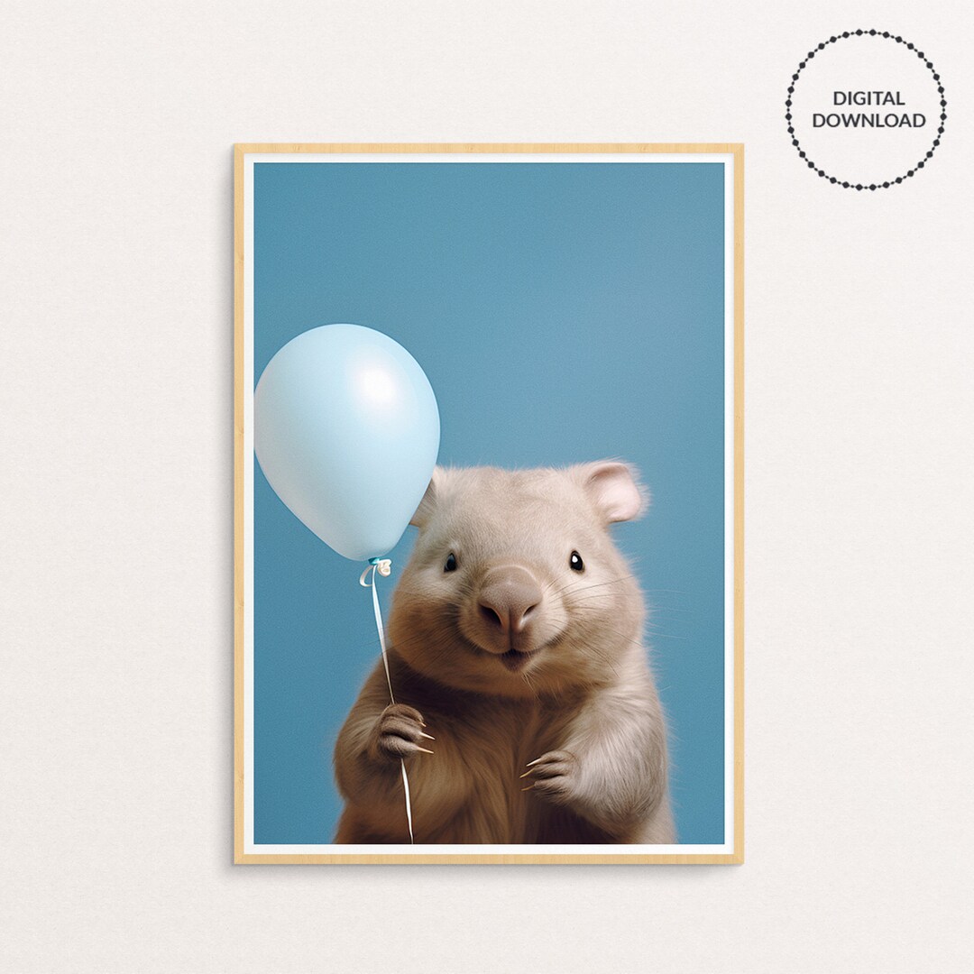 Printable Wall Art, Wombat With Blue Balloon, Animal Wall Art for ...