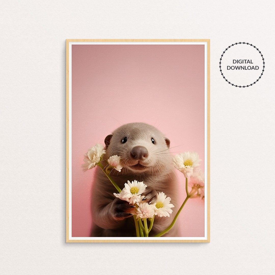 Mole With Pink Flowers, PRINTABLE Wall Art, Animal Wall Art for Nursery ...