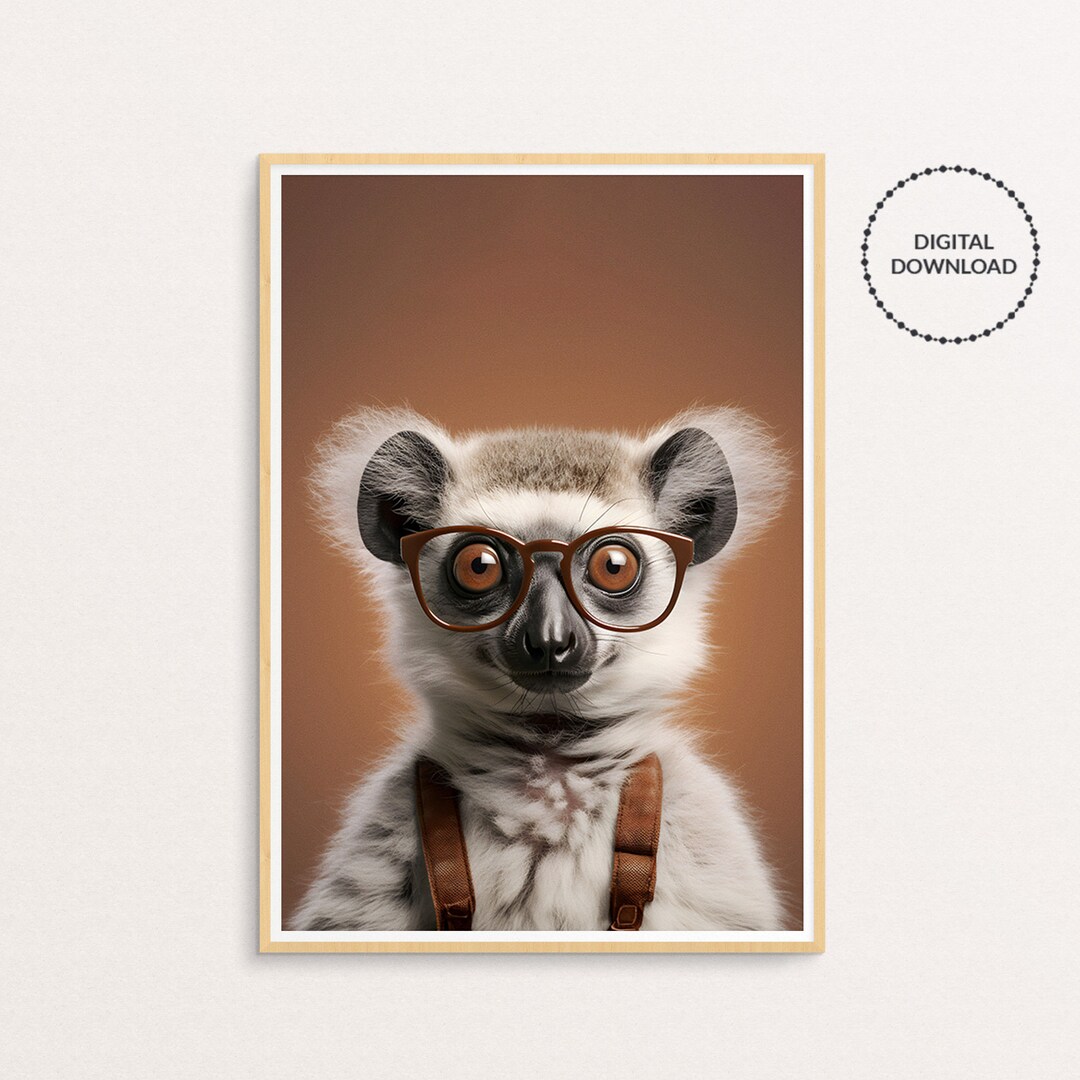 Lemur With Glasses and Suspenders Printable Wall Art, Animals With ...