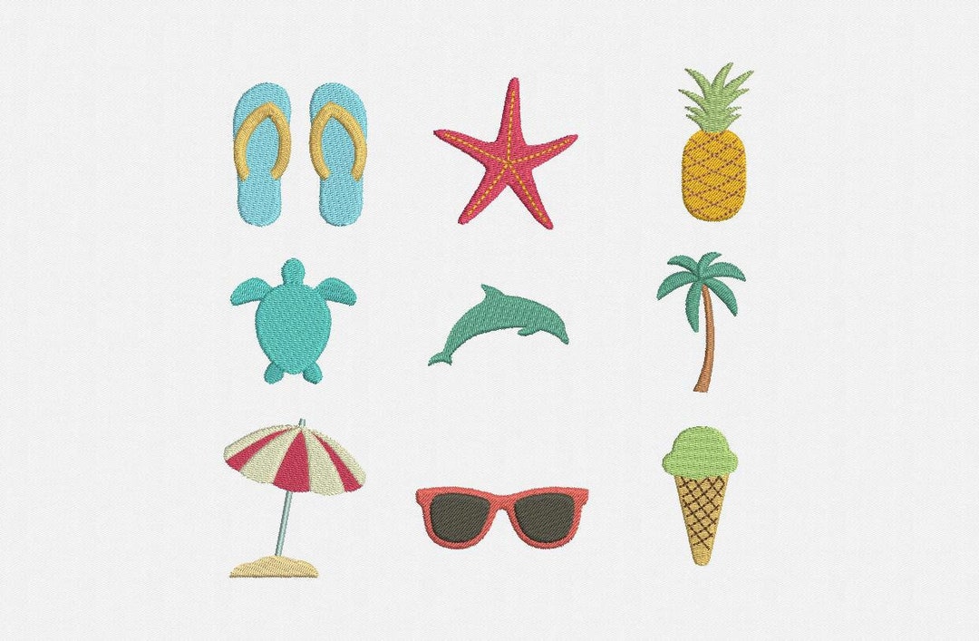 Mini Summer Machine Embroidery Designs Pack- 9 Designs by 3 Sizes Beach ...