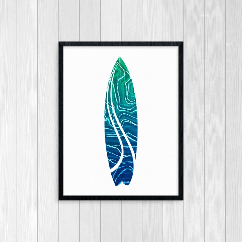 Surfboard Art, Surfboard Print, Summer Art, Summer Print, Green, Blue ...