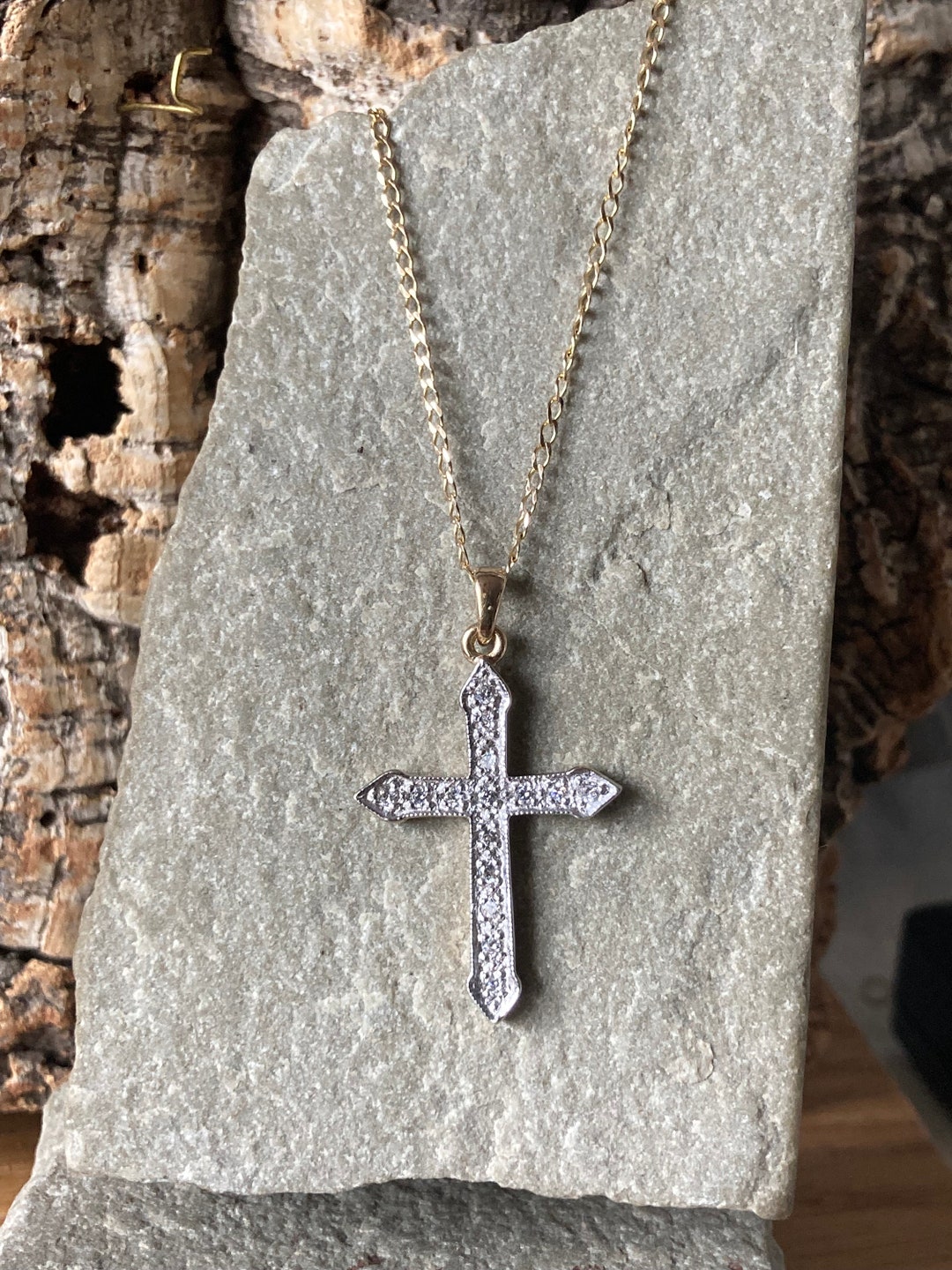 A Lovely Classic 9ct Gold Diamond Cross and Chain SKU8560 - Etsy