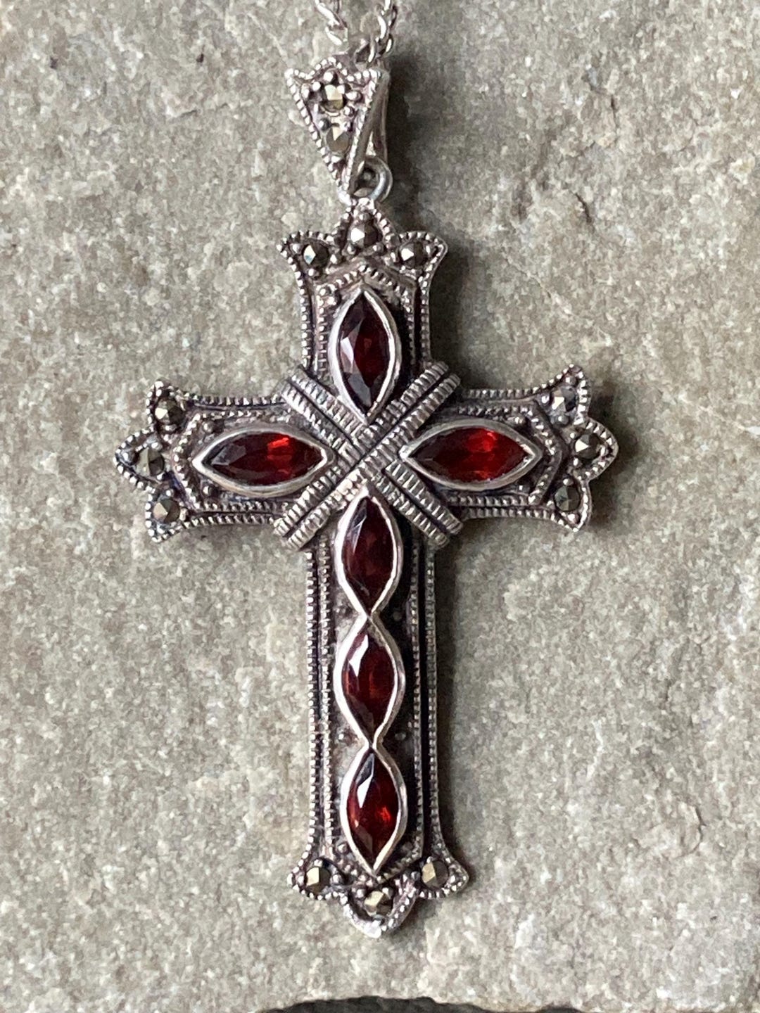 A Lovely Marcasite, Silver and Garnet Cross and Chain SKU8318 - Etsy