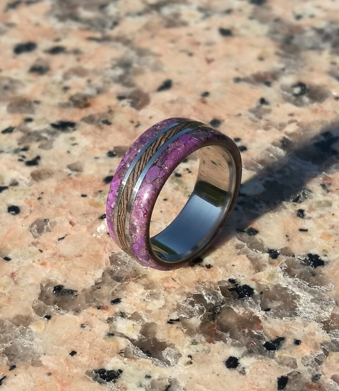 Titanium Wedding Band With Wenge Wood and Amethyst Inlay, Wooden Ring ...