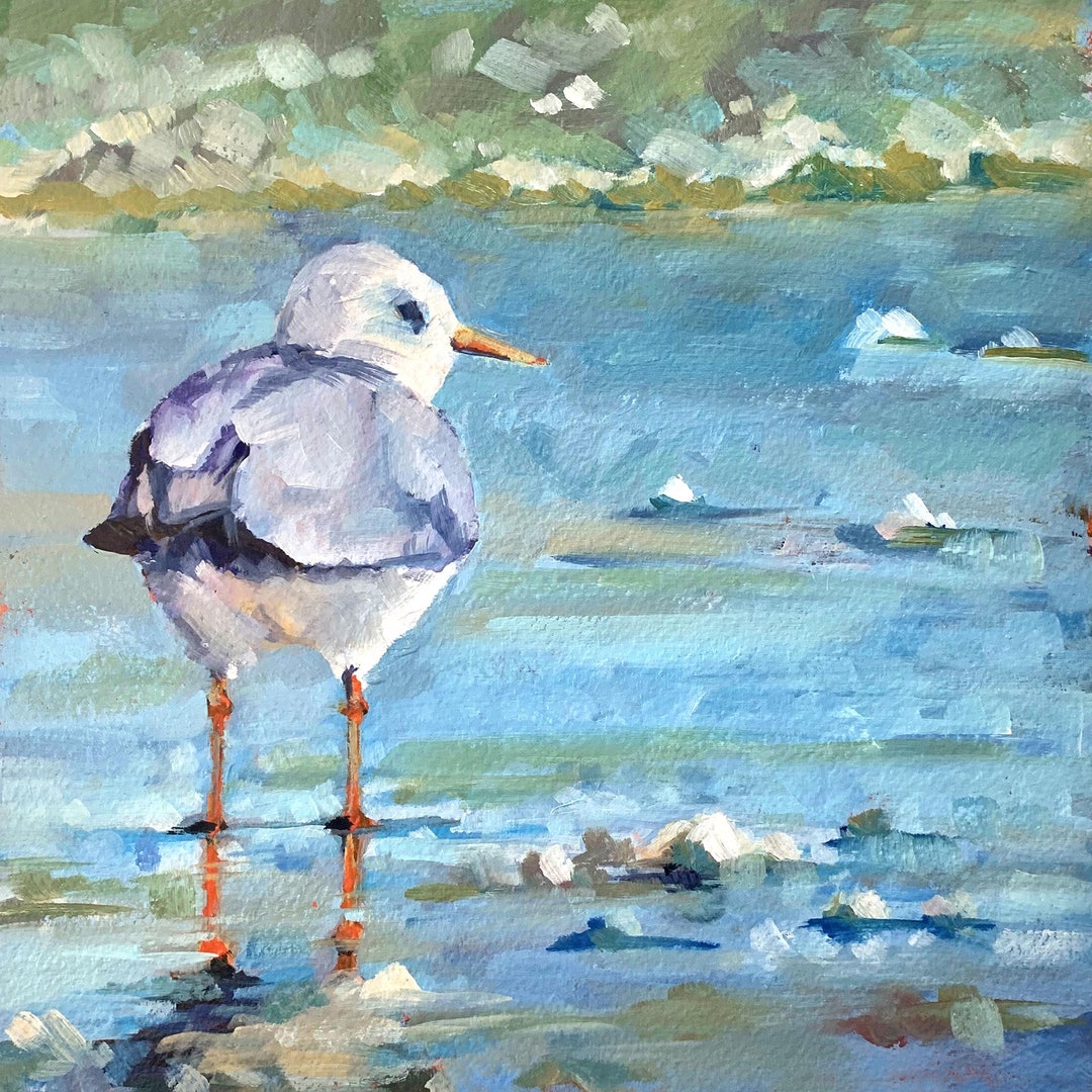 Seagull Painting on Paper "waiting Seagull" [PRINT], Ocean Painting ...