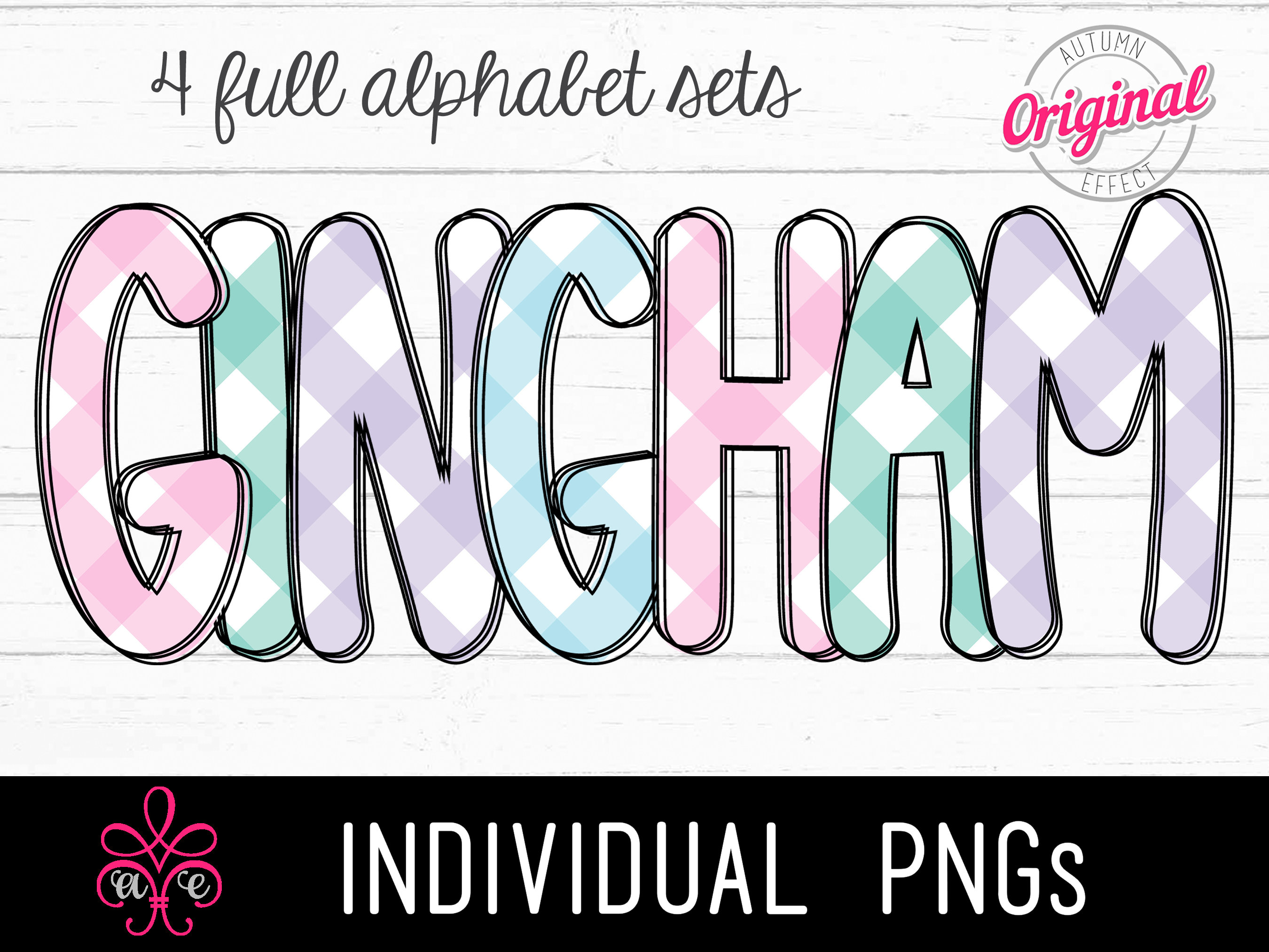 Pastel Gingham Themed Alphabet PNG 4 Sets Doodle Alphabet | Etsy