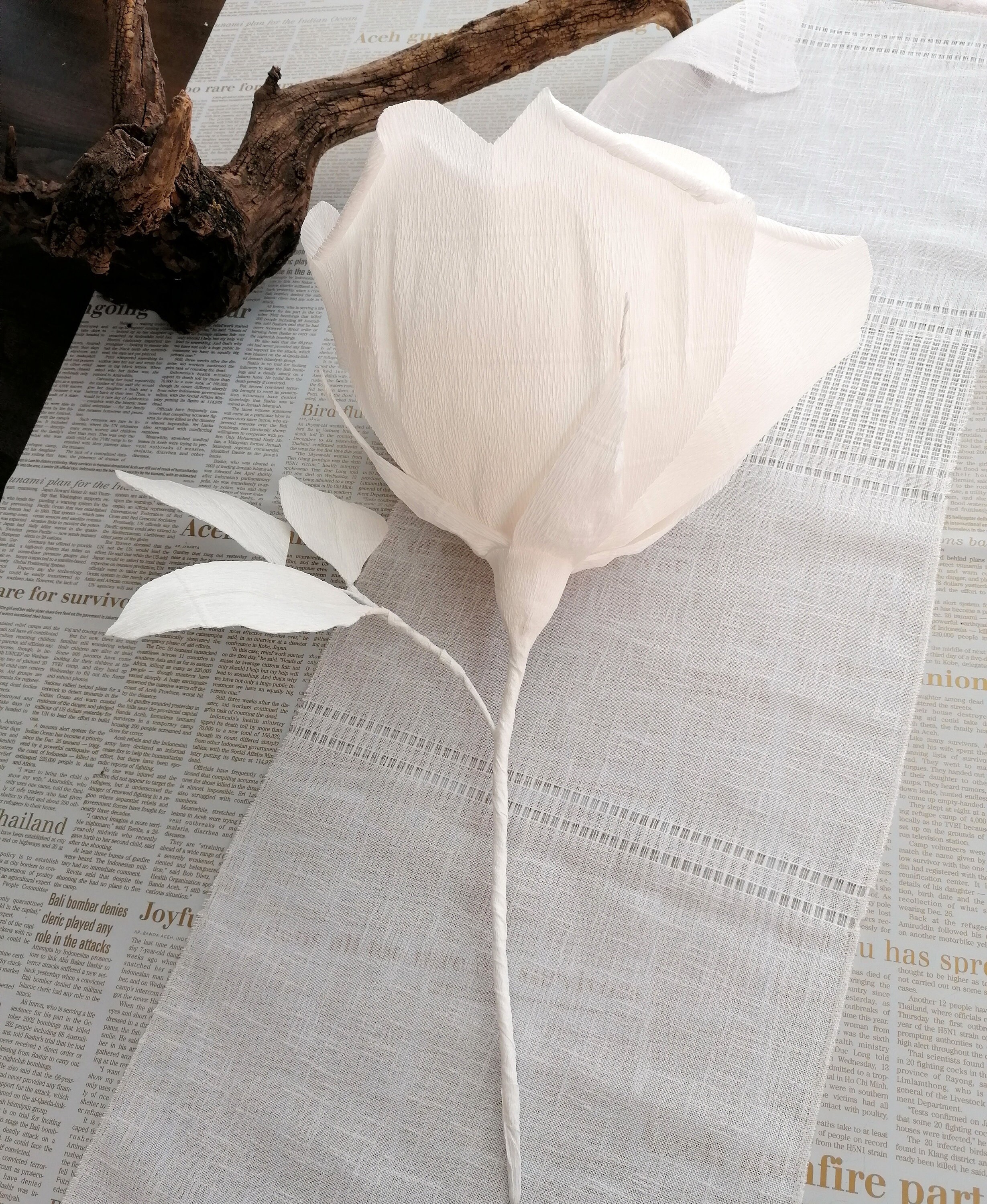 Giant Flower White Paper Rose With White Leaves Giant Rose | Etsy