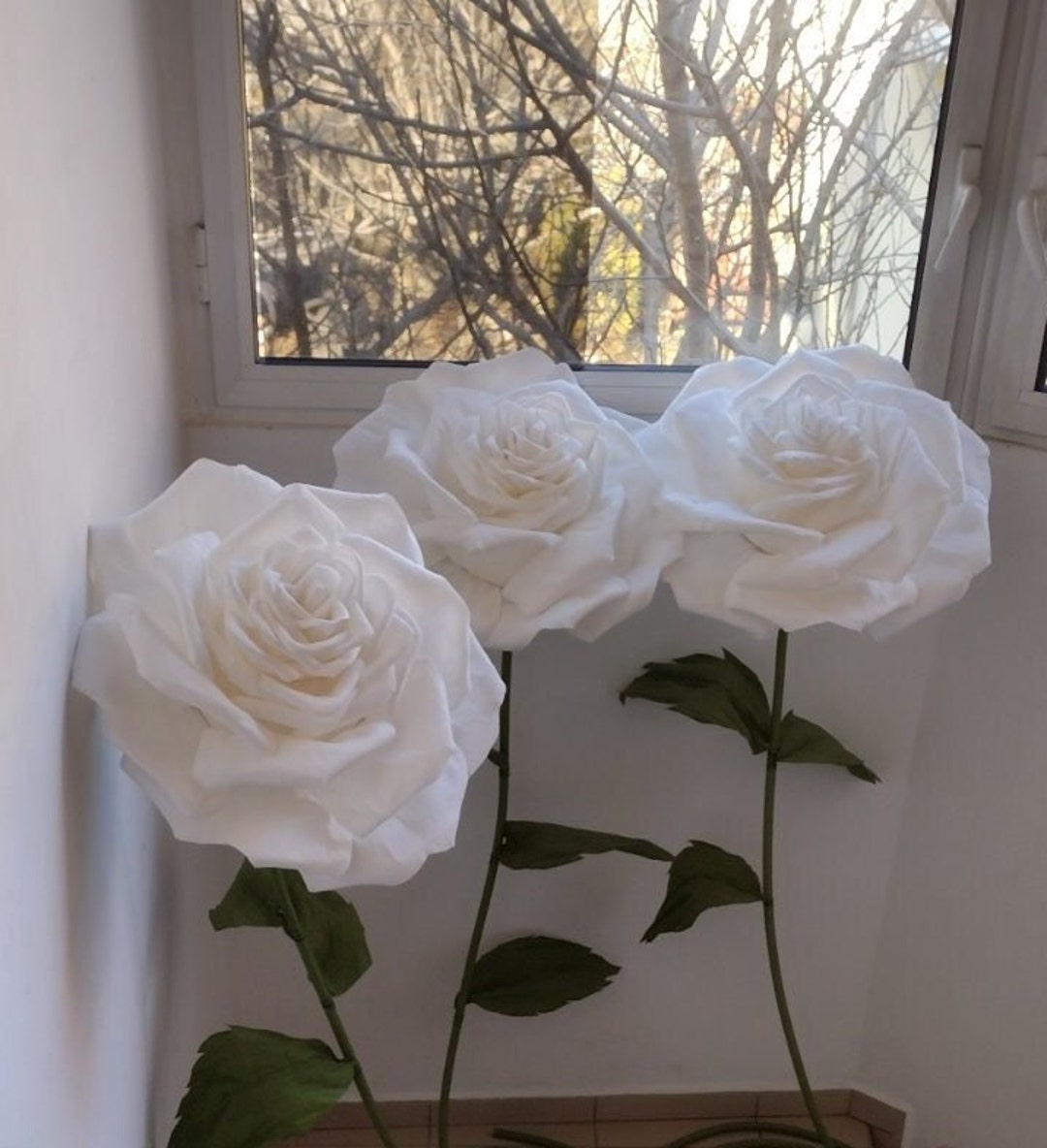 Set of 3 Giant White Roses on Stem | Photography Props | Free Standing ...