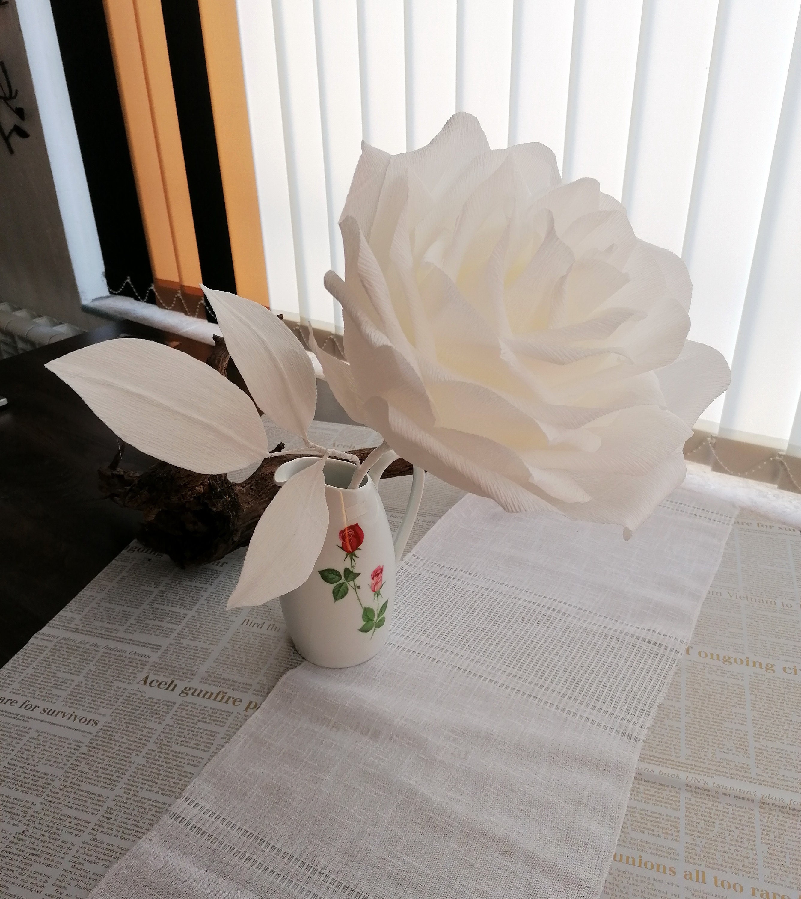 Giant Flower White Paper Rose With White Leaves Giant Rose | Etsy