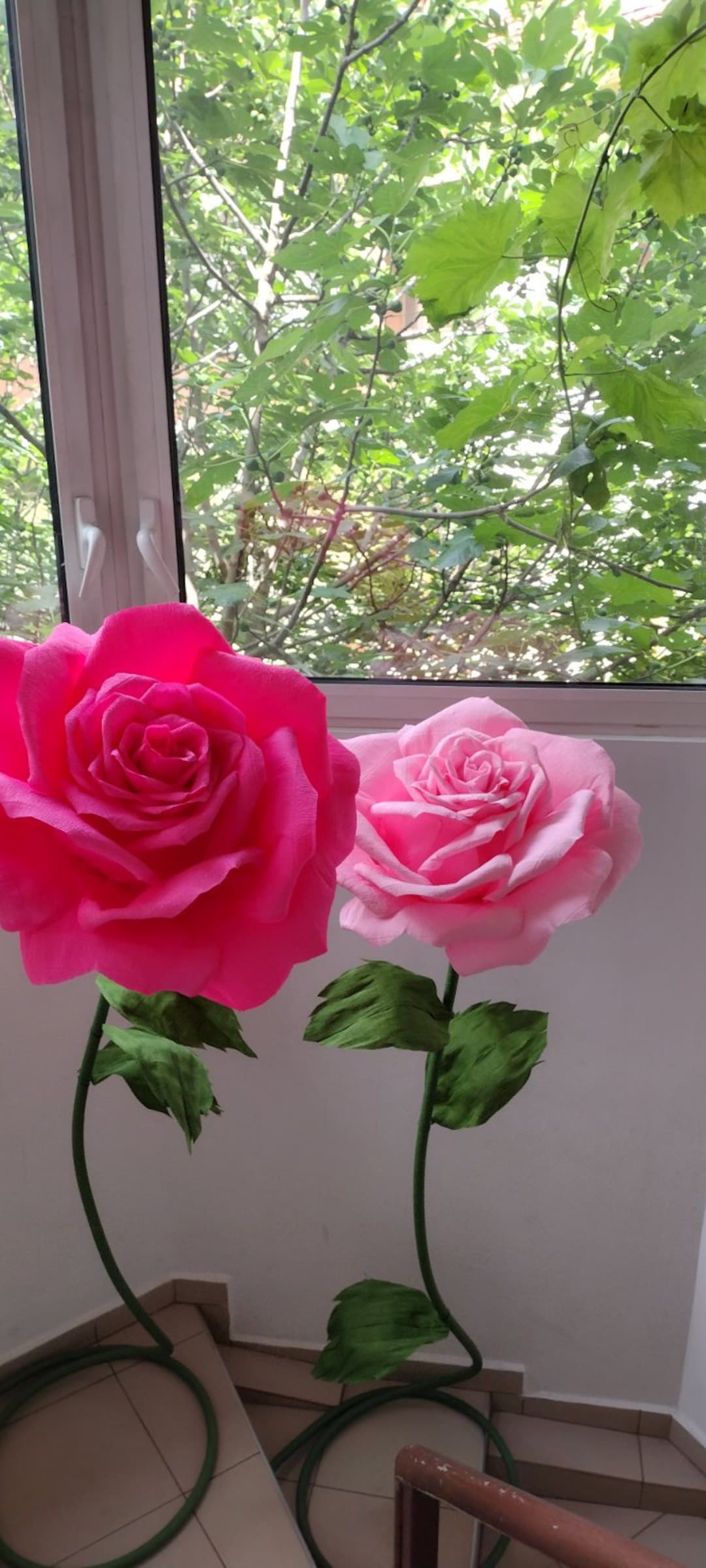 Two Colors Pink Freestanding Giant Roses on Stem, Paper Flower Wedding ...