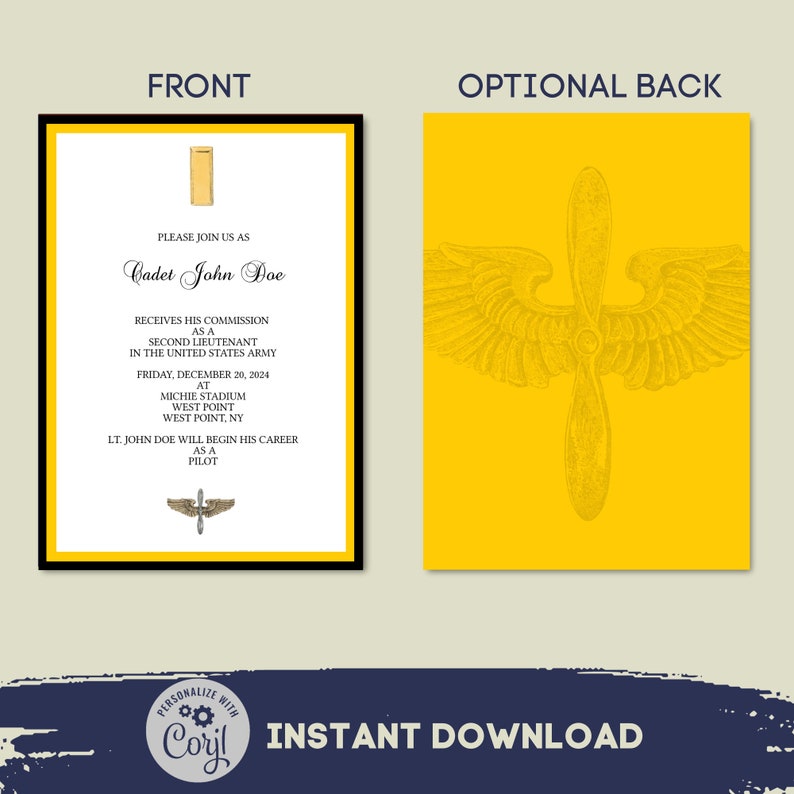 Army Commissioning Invitation Customizable Print at Home Digital ...