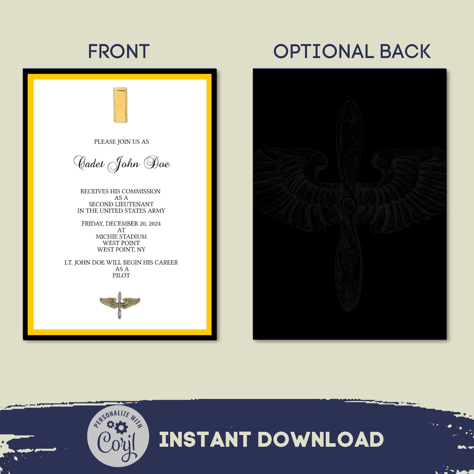 Army Commissioning Invitation Customizable Print at Home Digital ...