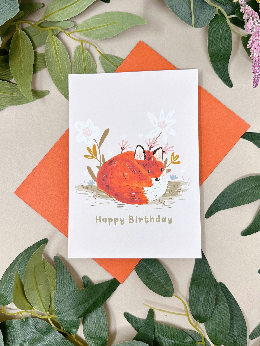 Fox Birthday Card - Floral Birthday Fox Card - Cute Fox Birthday Card ...