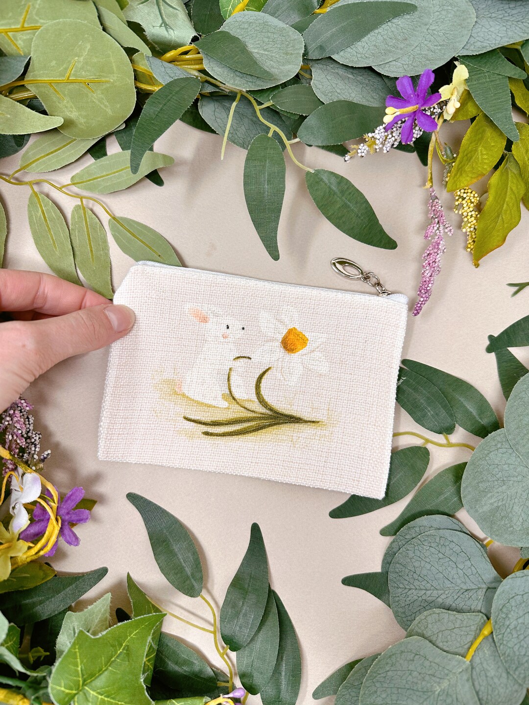 Daffodil Rabbit Zip Pouch - Linen Bag - Rabbit Bag - Jewellery Bag ...