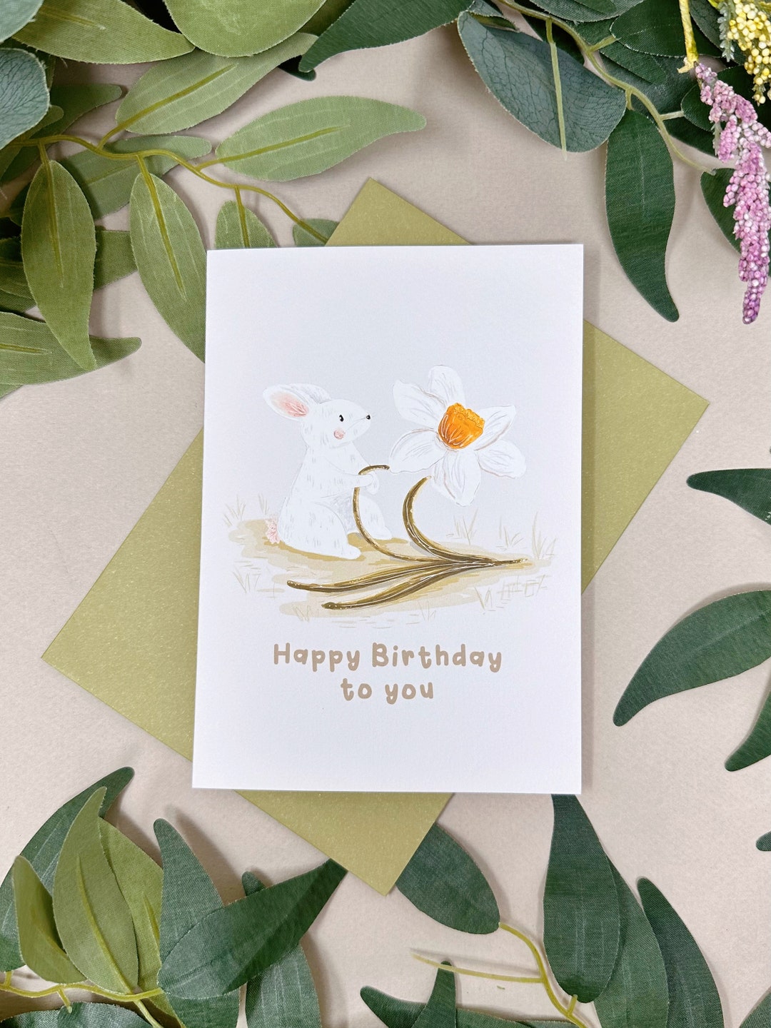 Rabbit Birthday Card - Daffodil Birthday Rabbit Card - Cute Bunny ...