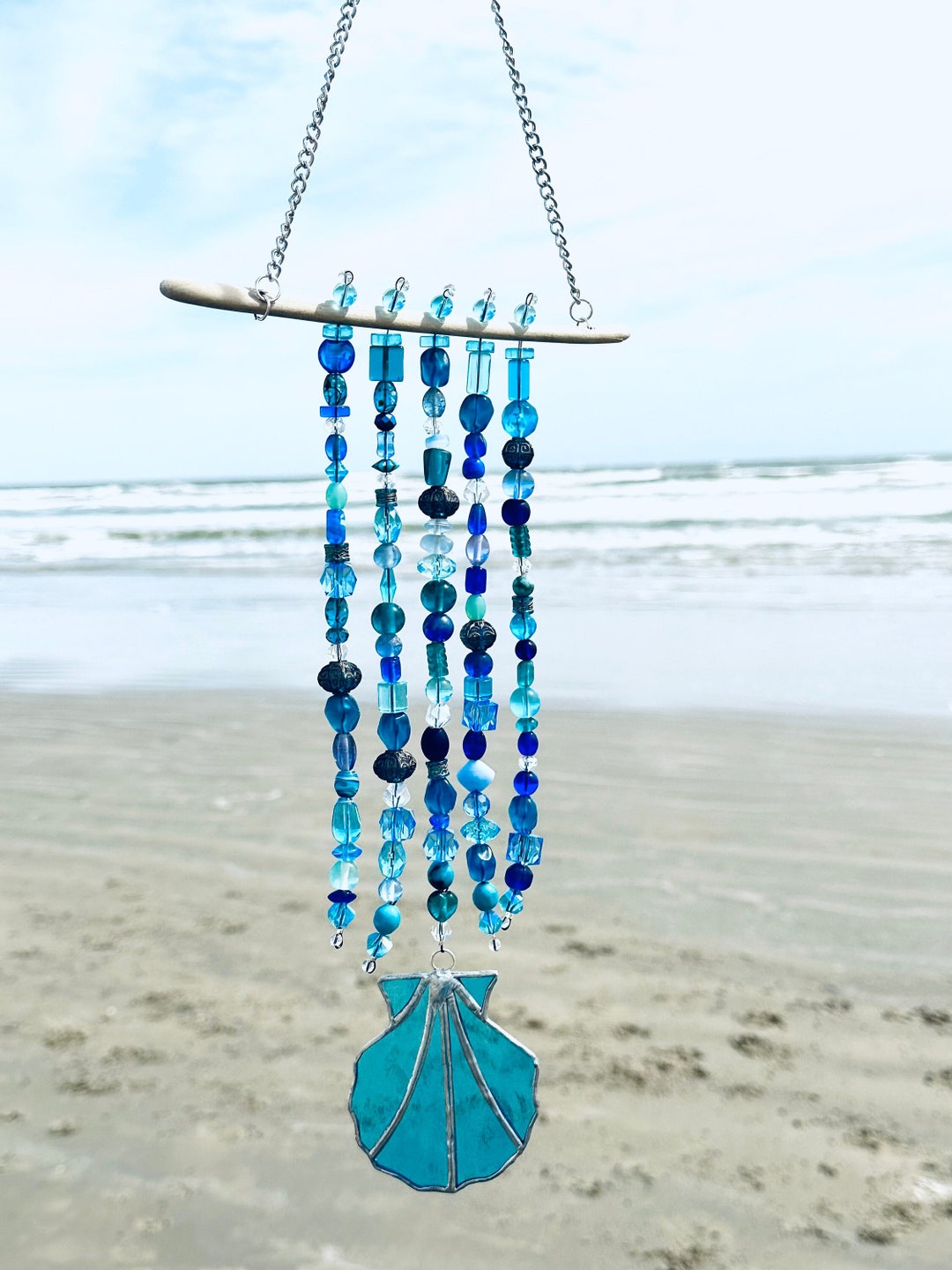 Driftwood Stained Glass Sea Shell Suncatcher Mobile Spinner Wind Chime ...