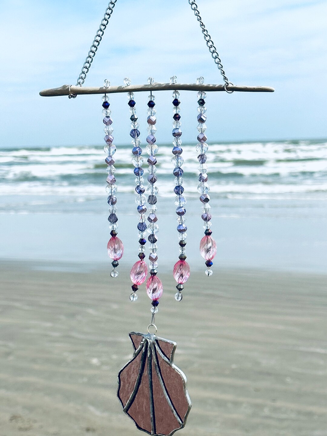 Driftwood Stained Glass Sea Shell Suncatcher Mobile Spinner Wind Chime ...