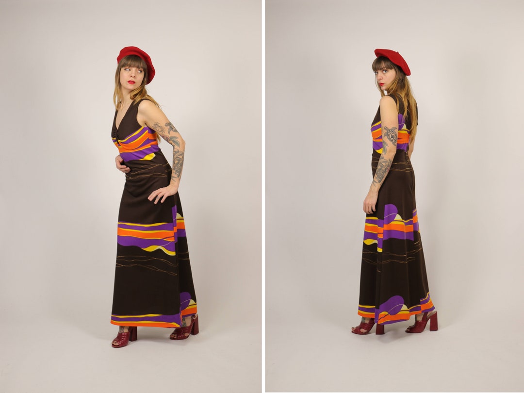 1960s MERRY FINN Brown Summer Cocktail Maxi Dress - Size S - Etsy