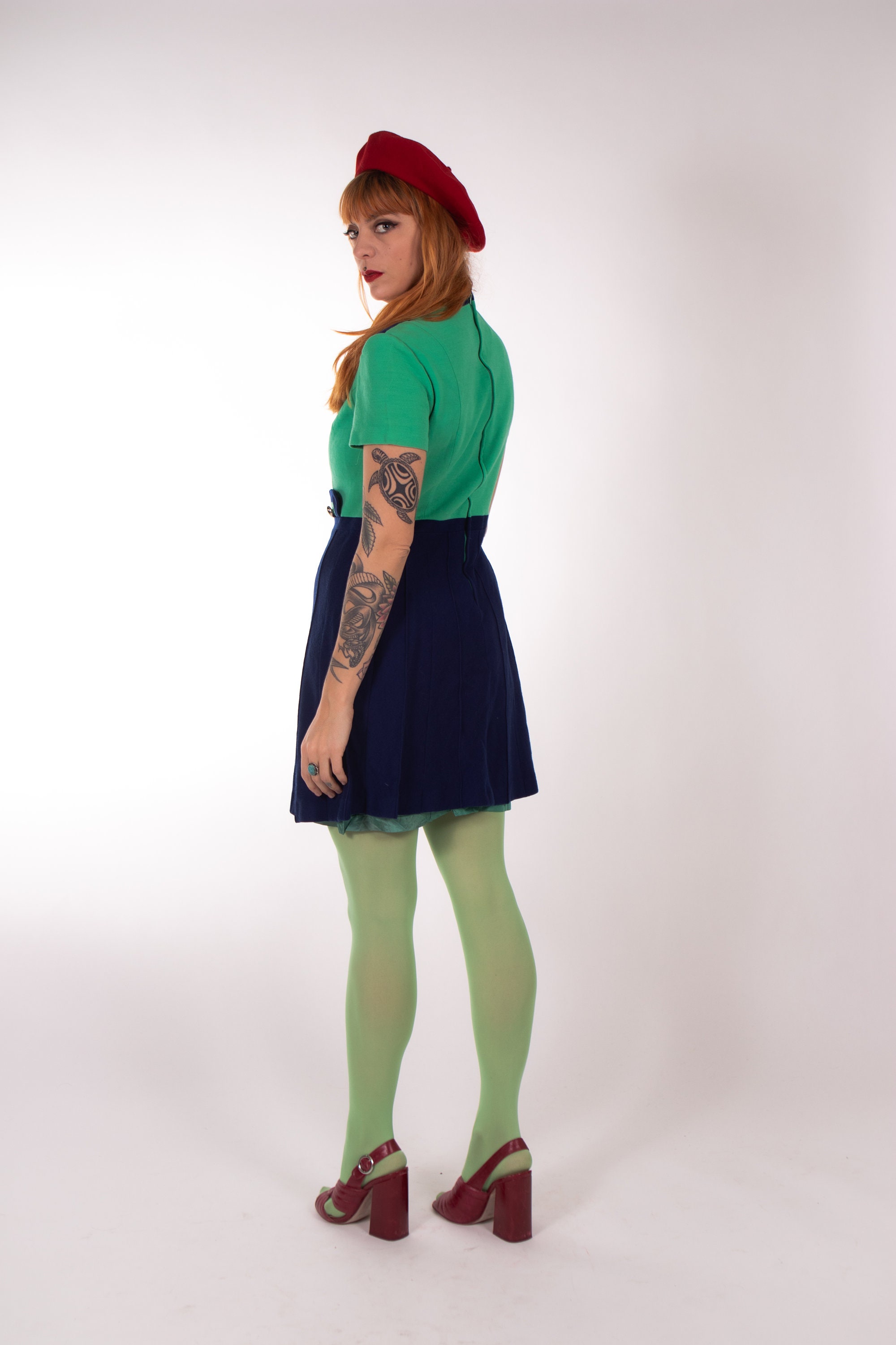 1960's Mod Girl Dress - 60's Blue and Green Cotton and Wool A-line ...