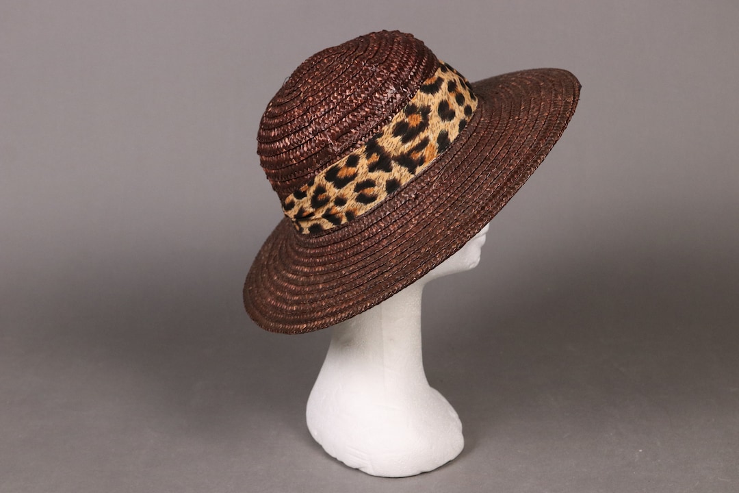 Vintage Brown Straw Hat With Leopard Band - 80's Brwon and Leopard ...