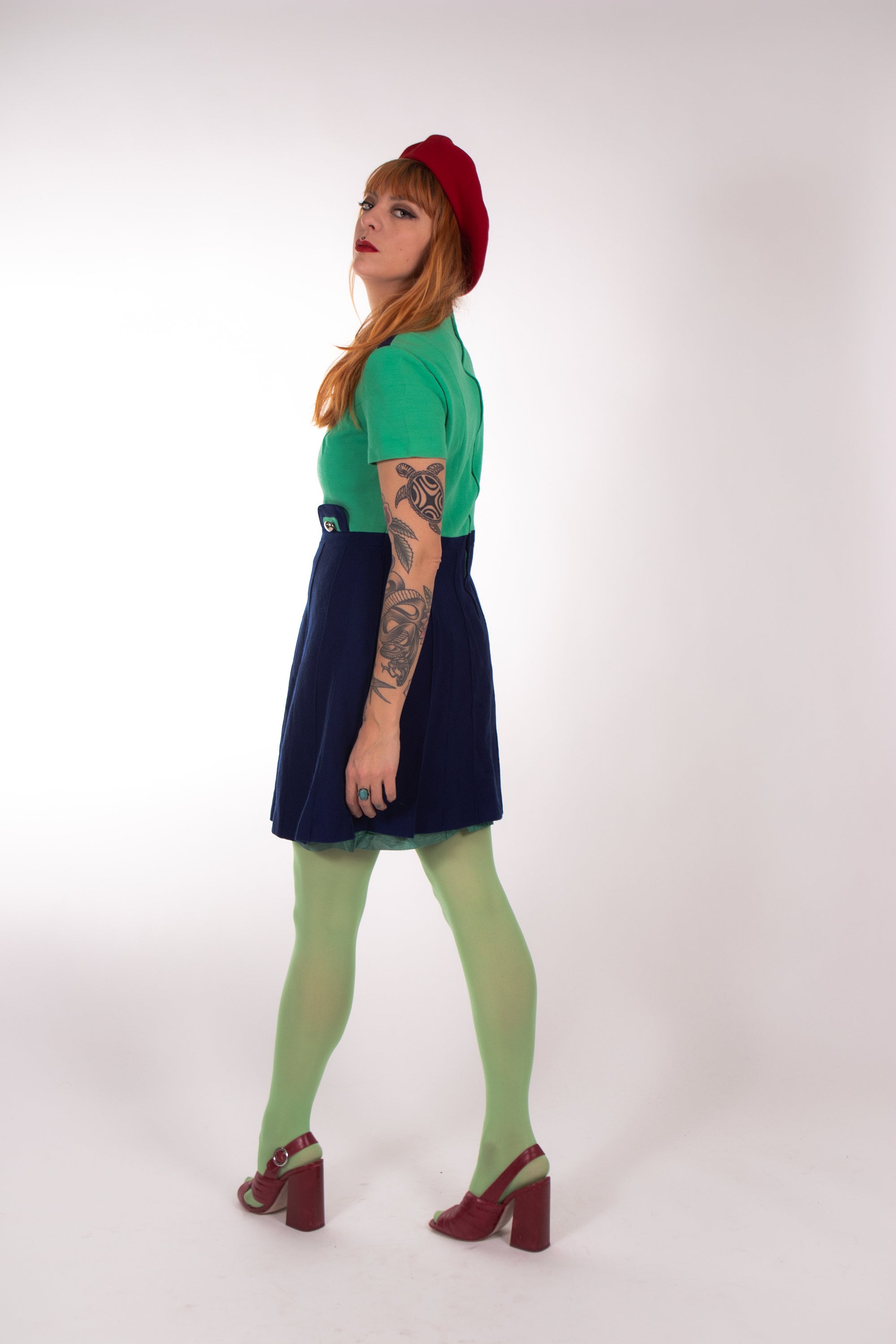 1960's Mod Girl Dress - 60's Blue and Green Cotton and Wool A-line ...