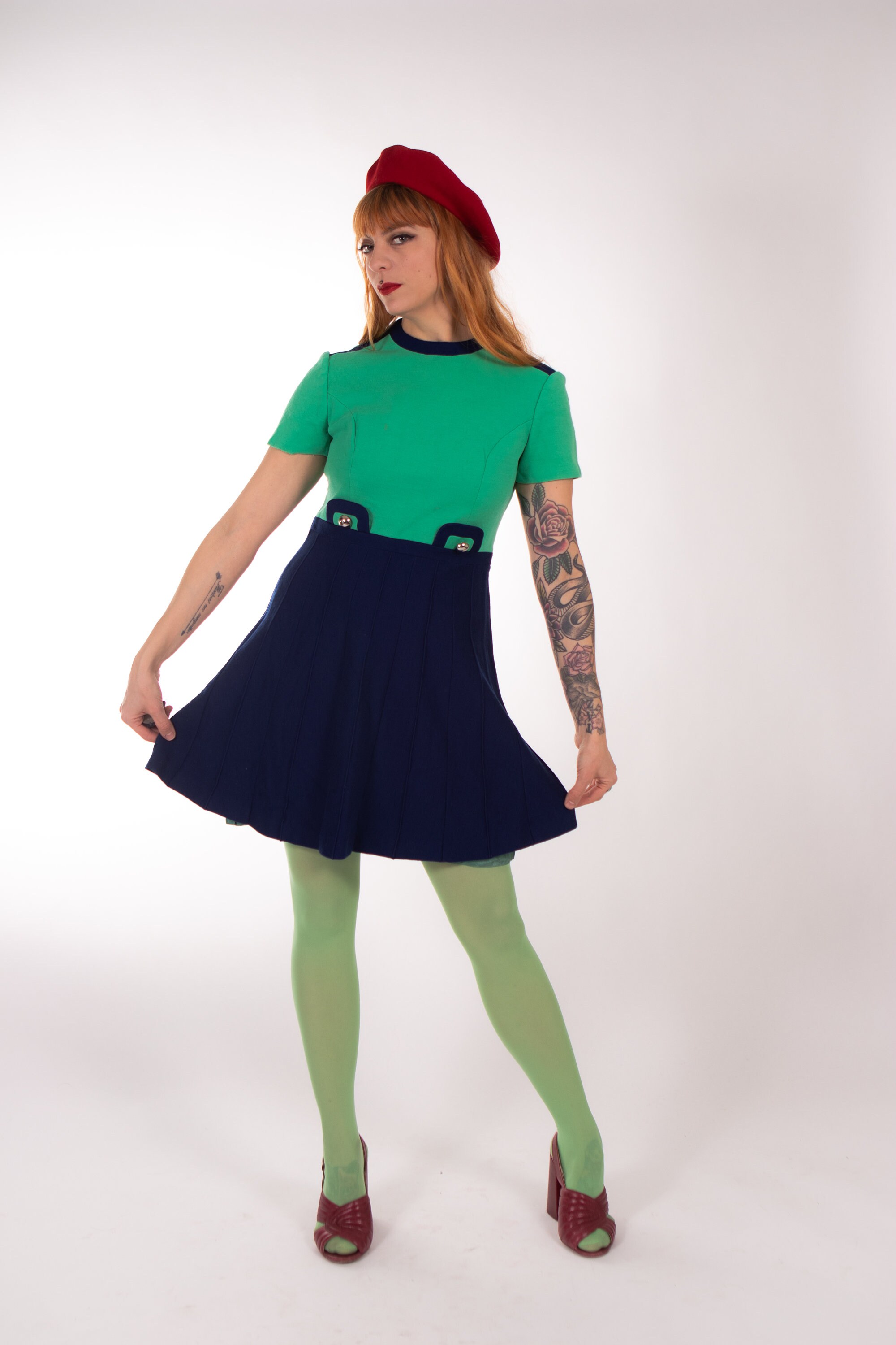 1960's Mod Girl Dress - 60's Blue and Green Cotton and Wool A-line ...