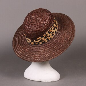 Vintage Brown Straw Hat With Leopard Band - 80's Brwon and Leopard ...