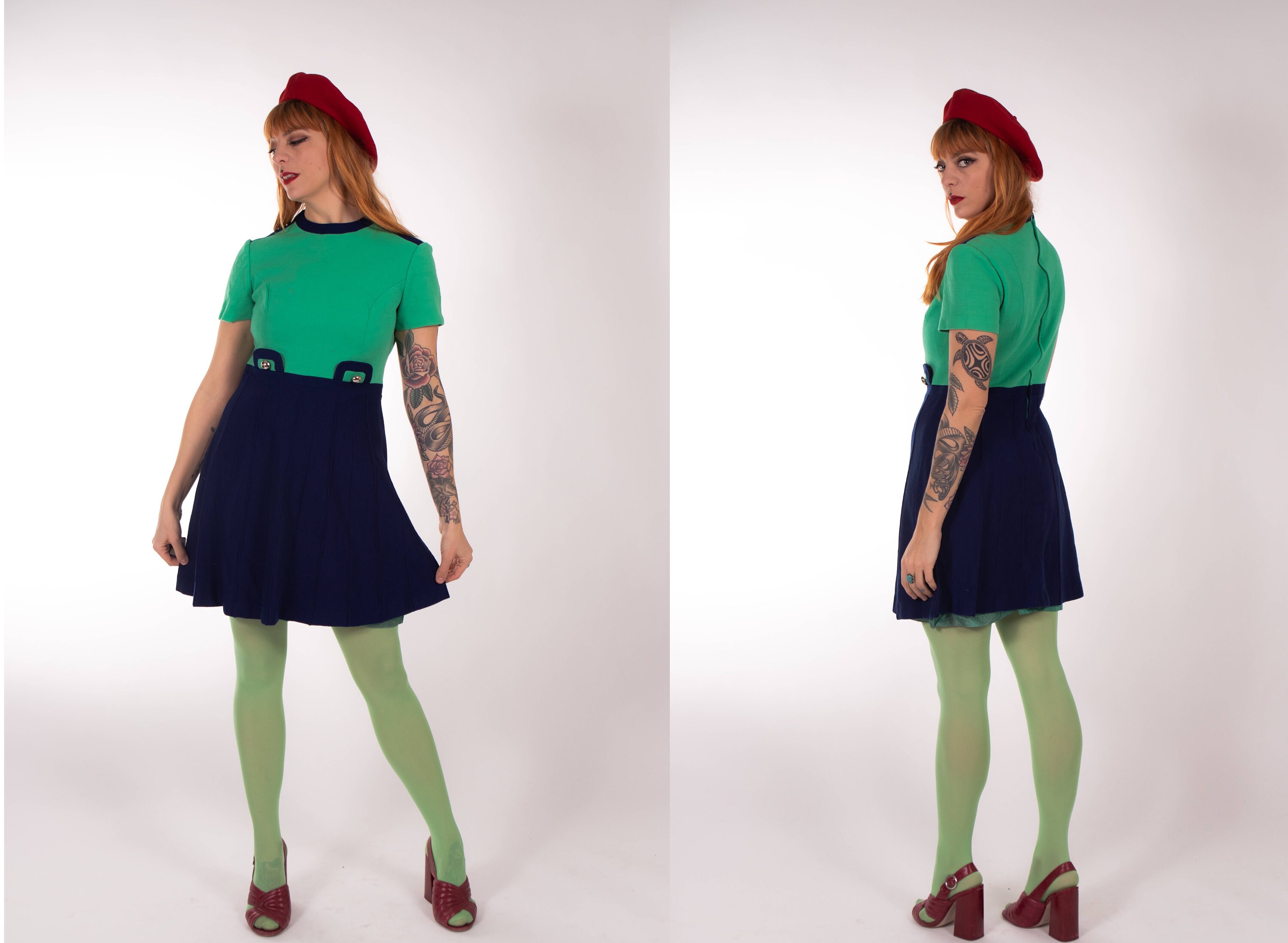 1960's Mod Girl Dress - 60's Blue and Green Cotton and Wool A-line ...