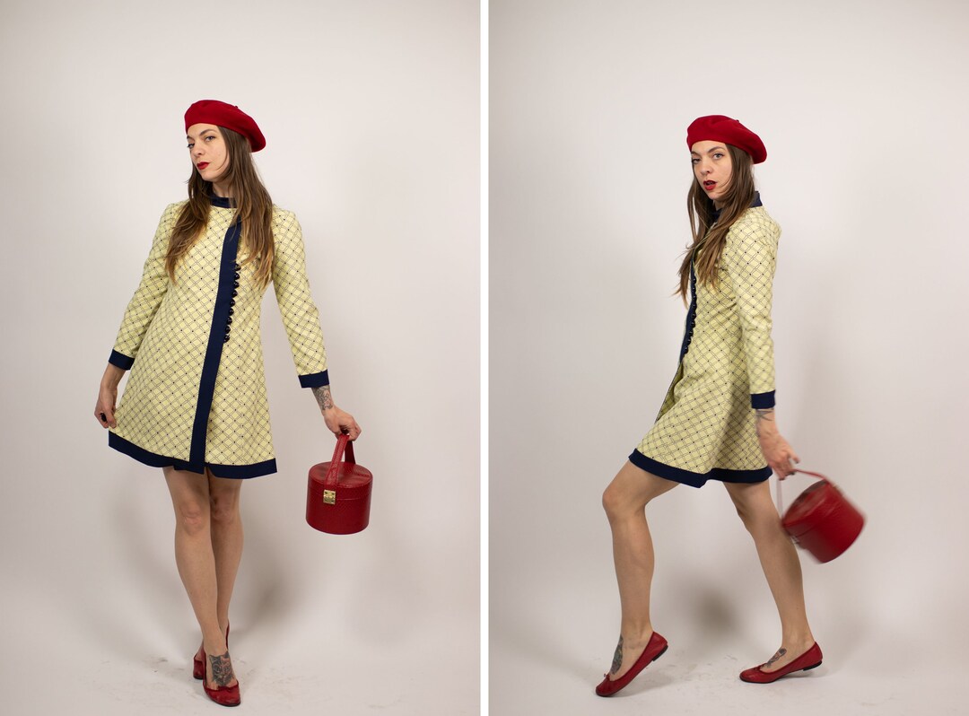 1960s Preppy Mod Girl Dress Cream and Navy Blue Dress Size S - Etsy