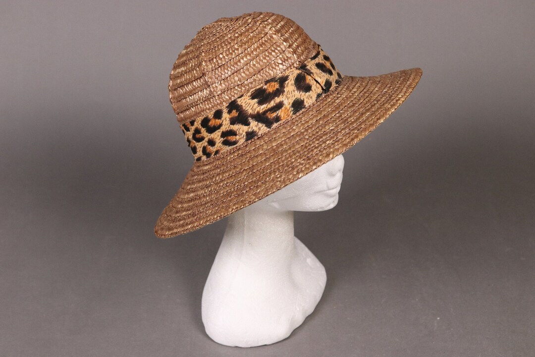 Vintage Brown Straw Hat With Leopard Band - 80's Brwon and Leopard ...
