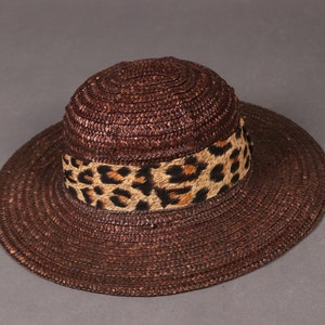 Vintage Brown Straw Hat With Leopard Band - 80's Brwon and Leopard ...