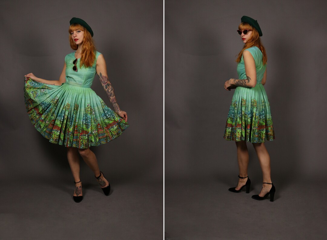 1950's Chinese Cotton Sundress 50's Chinese Scene Cotton Dress Size S ...