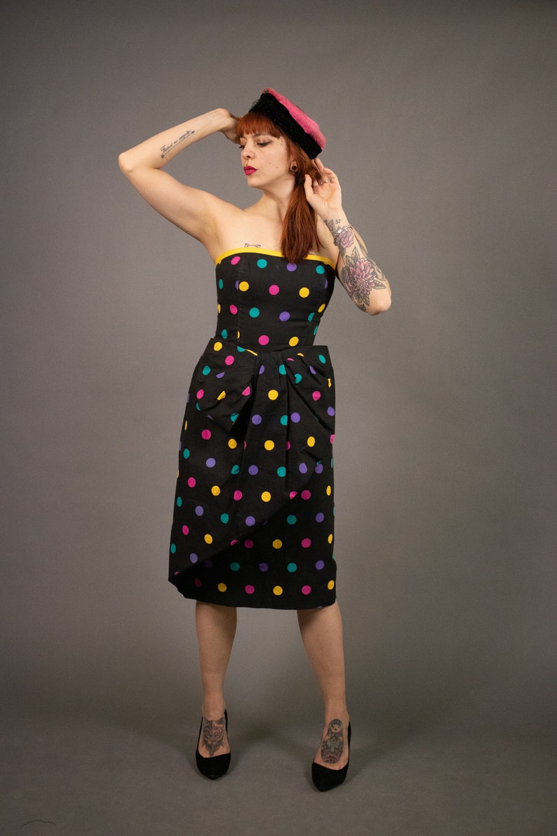 1980's VICTOR COSTA Bustier Dress Polka Dot Colorful | Etsy
