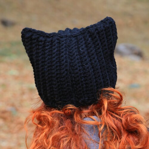 Handmade Winter Black Hat With Cat Ears - Etsy