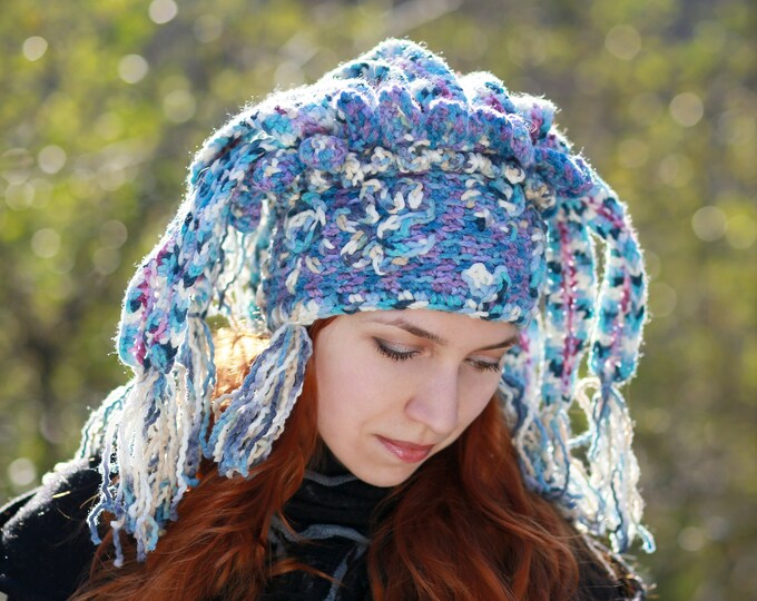Original Blue Shaman Crown Crochet Hat Festival Costume Headdress Knit ...