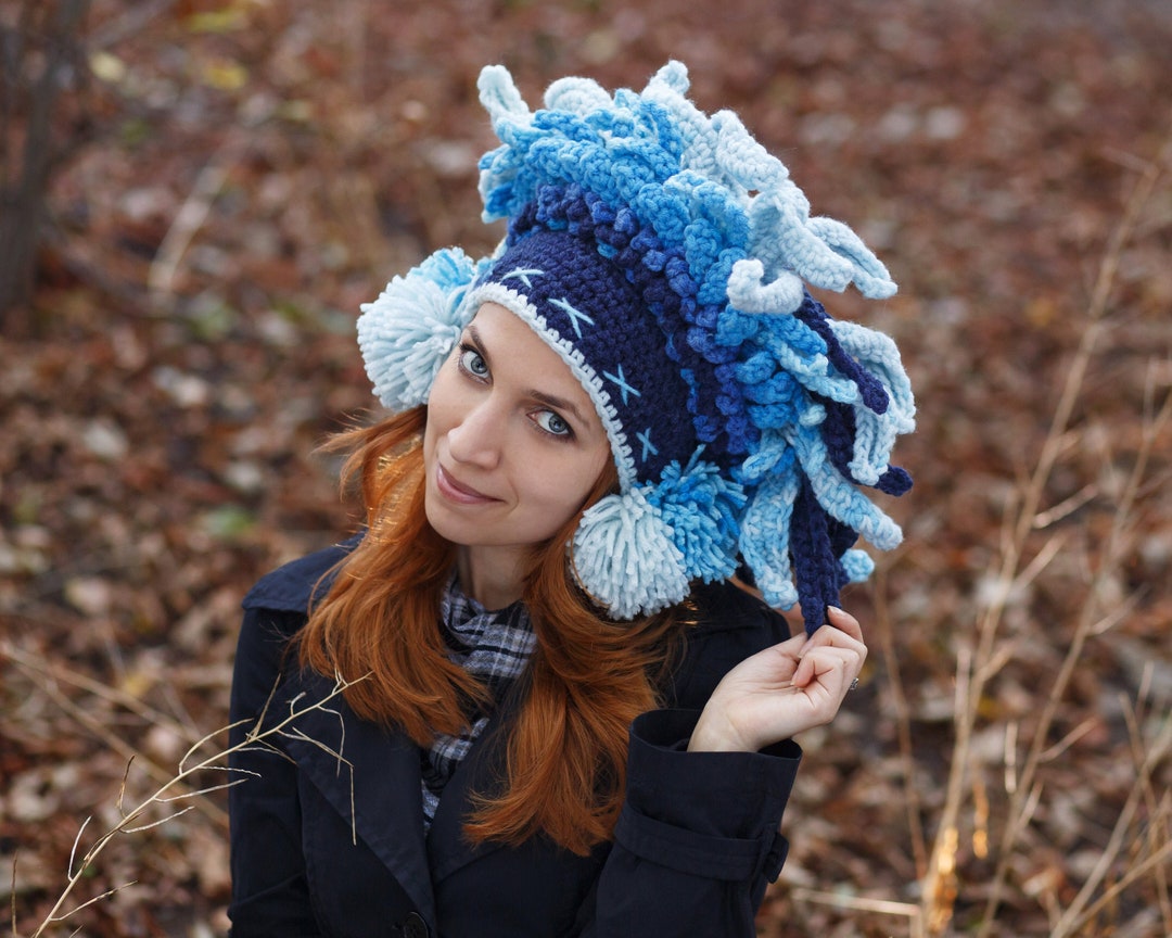 Winter Blue Shaman Crown Crochet Hat Festival Costume Headdress Knit ...