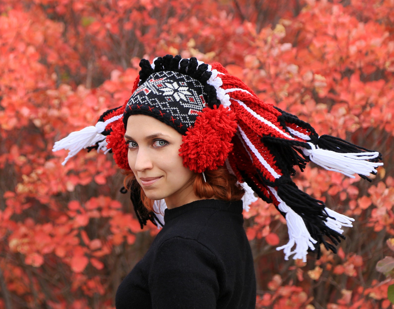 Black Red White Crochet Ornament Hat Ethnical Cold Weather - Etsy