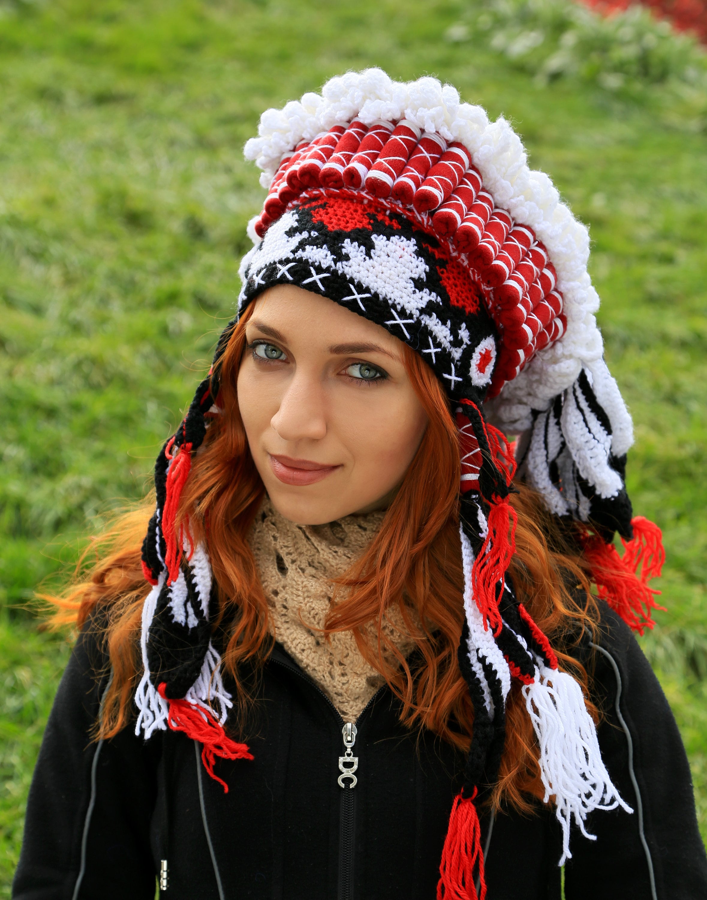 Winter Red White Black Crochet Beanie Native Style Chief Hat - Etsy