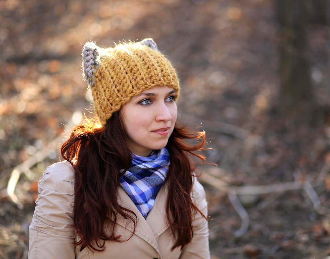 Chunky Yellow Cat Hat With Beige Ears Handmade Adult Fashion Crochet ...