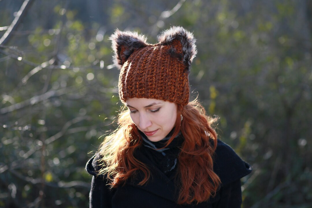 Winter Hat With Squirrel Ears Crochet Unisex Adult Beanie Natural Fur ...