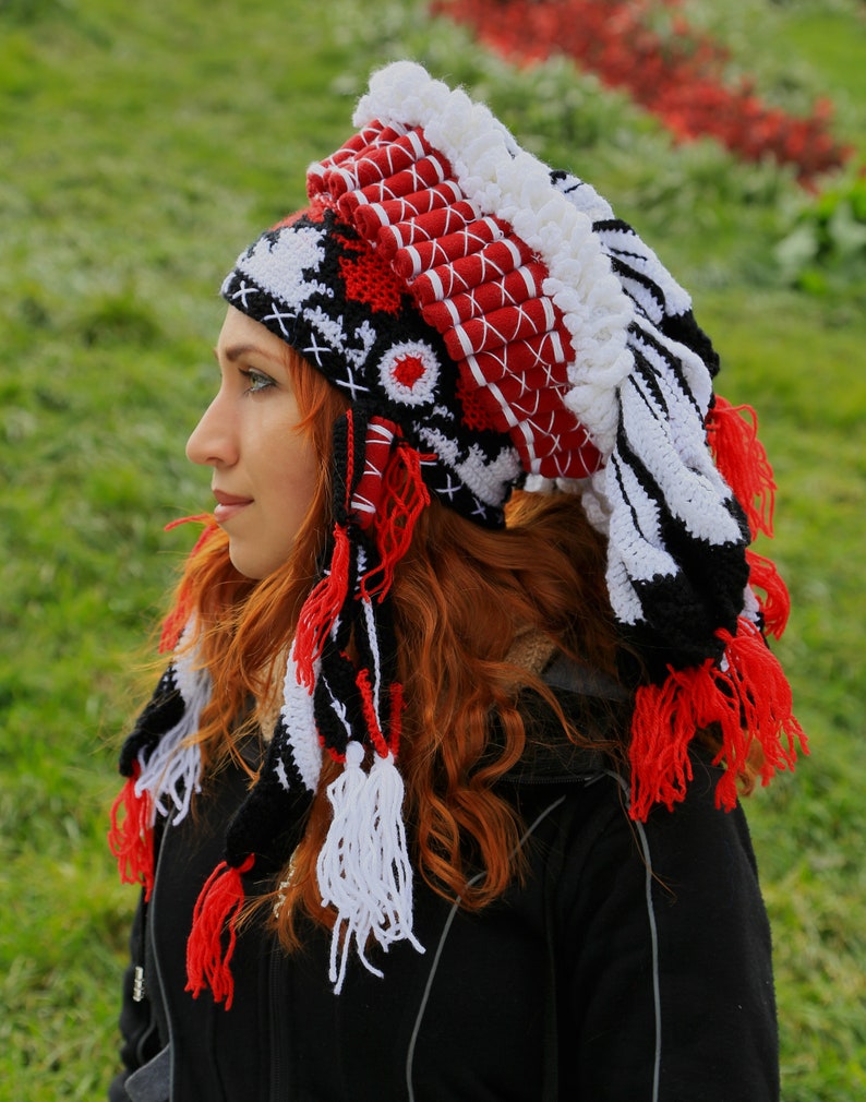 Winter Red White Black Crochet Beanie Native Style Chief Hat - Etsy